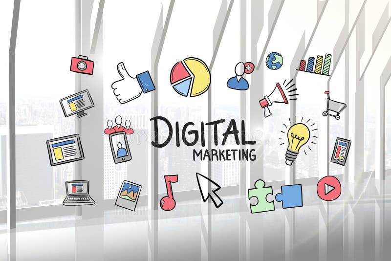 Digital Marketing Text Surrounded with Various Icons in Office Stock ...