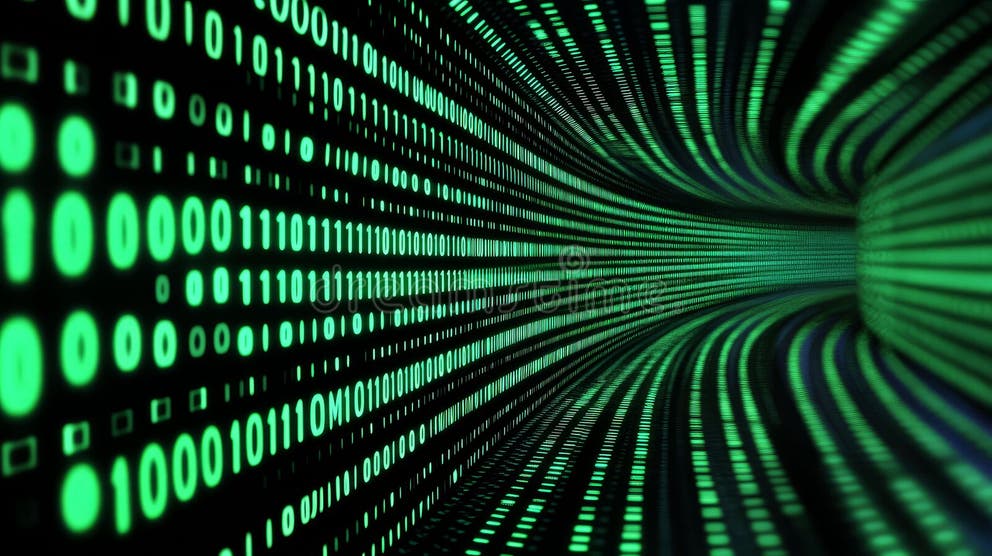 Digital Matrix Background with Green Binary Code Flowing in Tunnel, Creating Futuristic and ...
