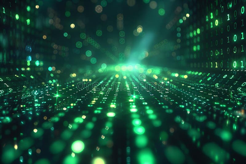 Digital Matrix Background with Green Binary Code and Light Rays, Creating an Abstract Digital ...