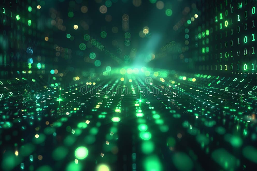 Digital Matrix Background with Green Binary Code and Light Rays, Creating an Abstract Digital ...