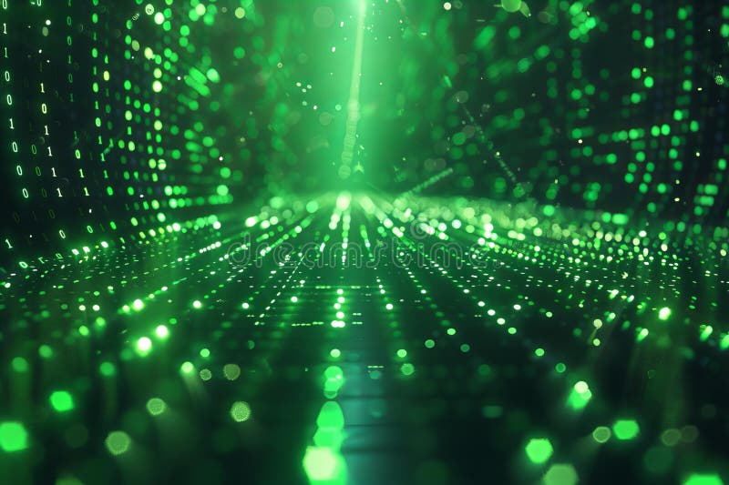 Digital Matrix Background with Green Binary Code and Light Rays, Creating an Abstract Digital ...