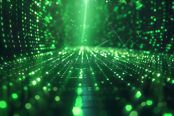 Digital Matrix Background with Green Binary Code and Light Rays, Creating an Abstract Digital ...