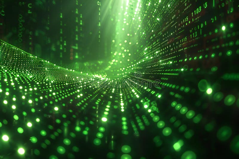 Digital Matrix Background with Green Binary Code and Light Rays, Creating an Abstract Digital ...