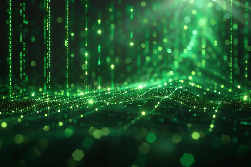 Digital Matrix Background with Green Binary Code and Light Rays, Creating an Abstract Digital ...