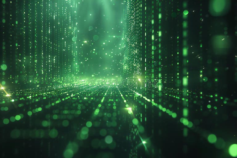 Digital Matrix Background with Green Binary Code and Light Rays, Creating an Abstract Digital ...