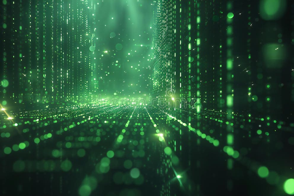 Digital Matrix Background with Green Binary Code and Light Rays, Creating an Abstract Digital ...