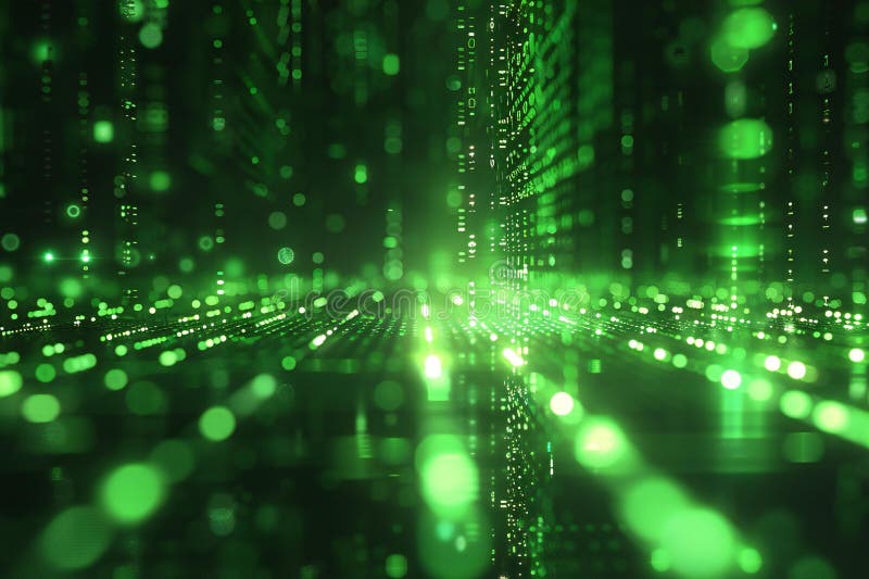 Digital Matrix Background with Green Binary Code and Light Rays, Creating an Abstract Digital ...