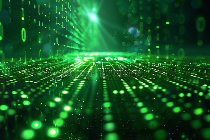 Digital Matrix Background with Green Binary Code and Light Rays, Creating an Abstract Digital ...