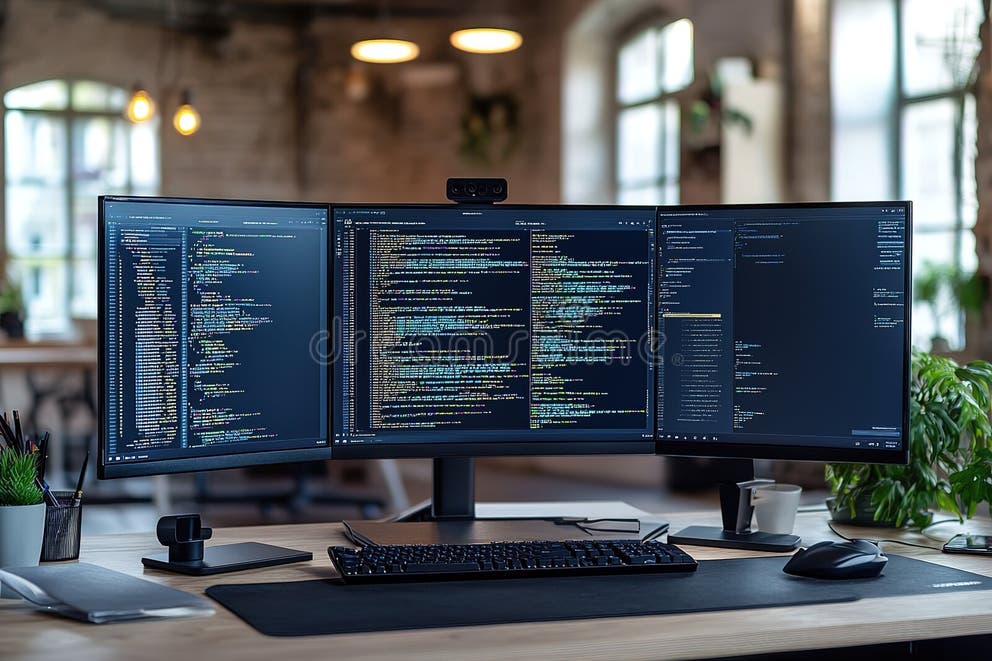 Digital Matrix: Close-Up of Glowing Computer Screens Displaying Lines of Code, Representing ...