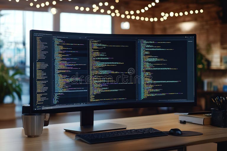 Digital Matrix: Close-Up of Glowing Computer Screens Displaying Lines ...