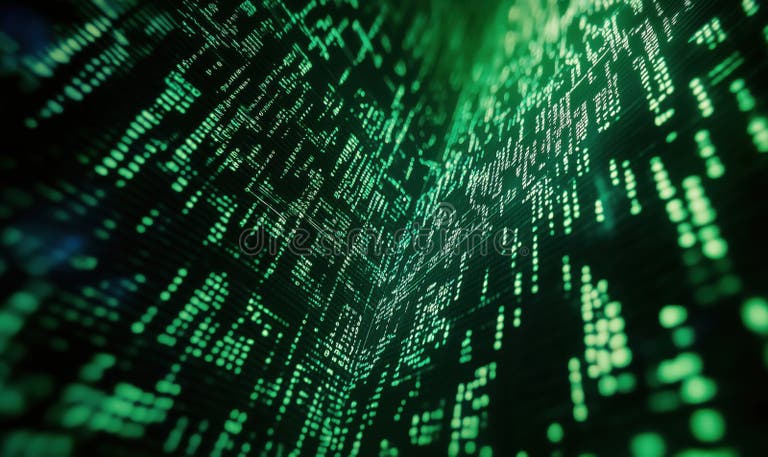 Digital Matrix Code Visualization with Green Binary Data Flowing in 3D ...