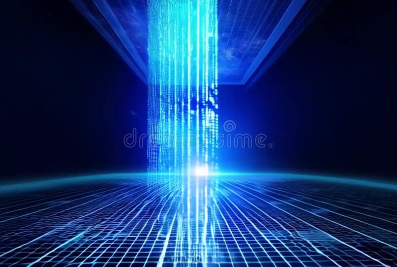 Digital Matrix Environment with Glowing Blue Grid Lines, Cascading Binary Code, and a Central ...