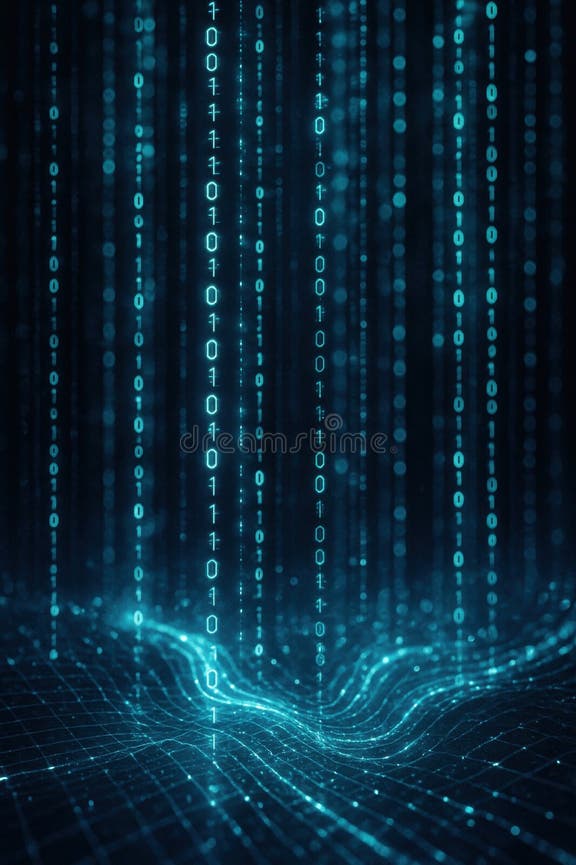A Digital Matrix of Glowing Binary Code Falls in a Vertical Stream Over a Dark Grid, Suggesting ...
