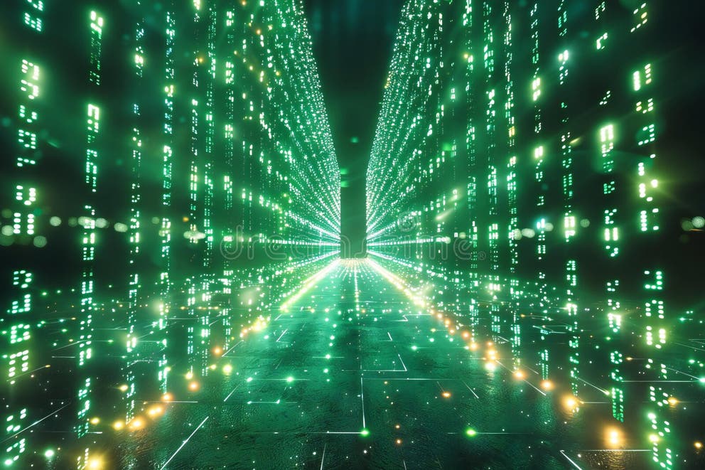 A Digital Matrix of Green Binary Code, with Rays of Light Emanating ...