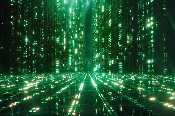 A Digital Matrix of Green Binary Code, with Rays of Light Emanating ...