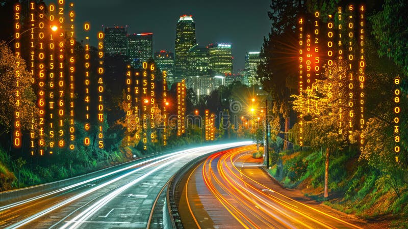 Digital Matrix Over Cityscape at Night Stock Footage - Video of data ...