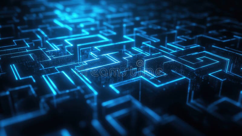 Digital Maze with Glowing Blue Lines, Intricate Patterns and Depth ...