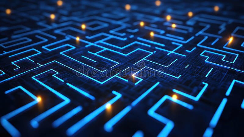 Digital Maze with Glowing Blue Pathways and Lights Creates Intriguing ...