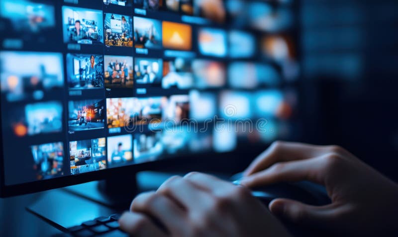 Digital Media Browsing on Computer Screen, Hands Typing on Keyboard ...