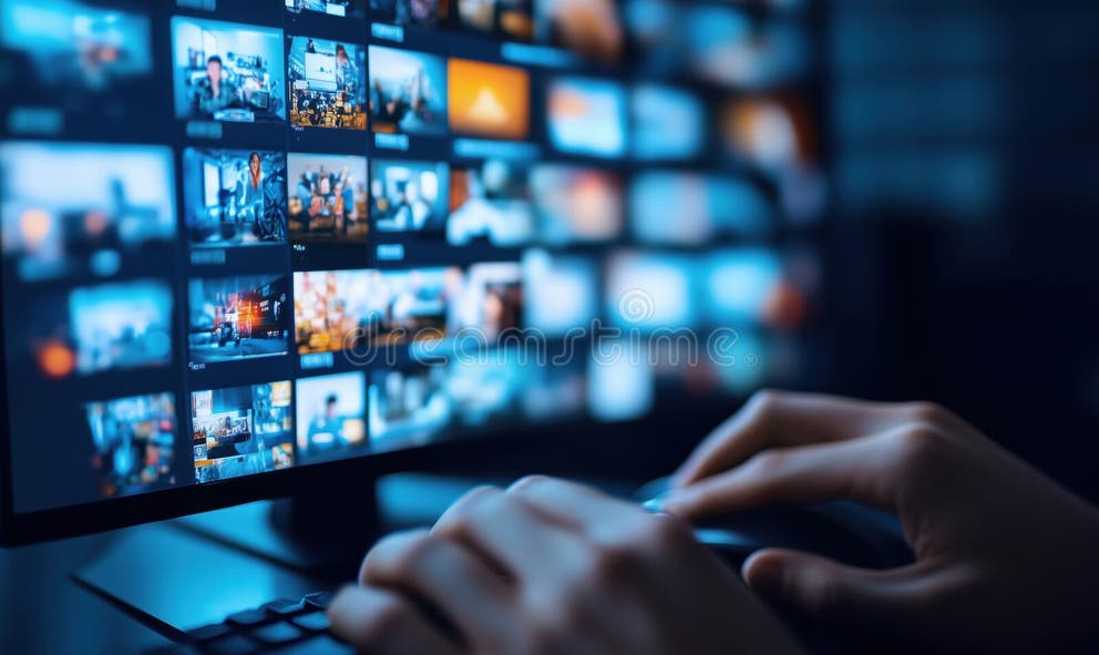 Digital Media Browsing on Computer Screen, Hands Typing on Keyboard ...