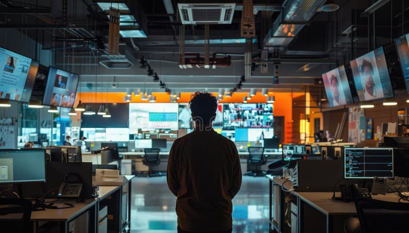 A Man is Seen Working in a Room Filled with Screens and Monitors To ...