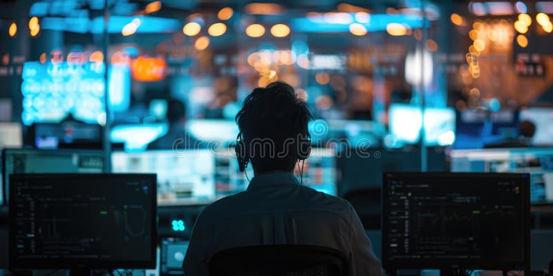 A Man is Seen Working in a Room Filled with Screens and Monitors To ... A Man is Seen Working in a Room Filled with Screens and Monitors To ...