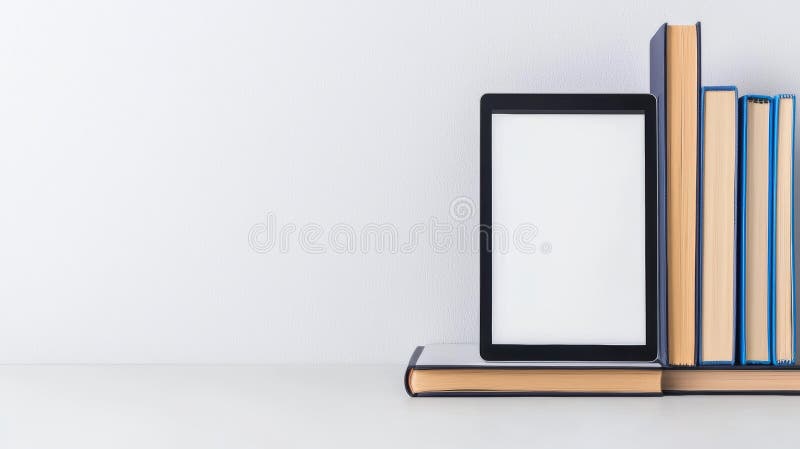 Digital Medical Textbooks Stacked beside Tablet on a Minimalist Shelf ...