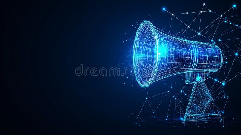 Digital Megaphone on Blue Background Abstract Announcement with Lines ...