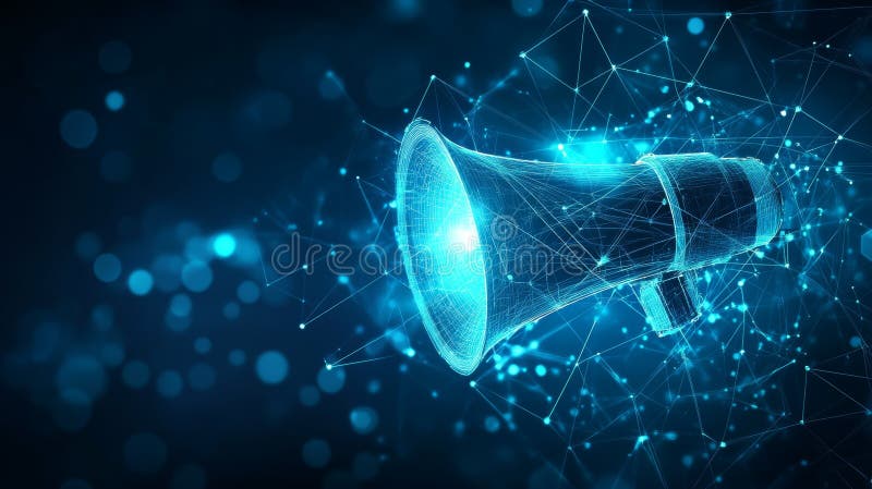 Digital Megaphone on Blue Tech Background. Abstract Symbol in Lines ...