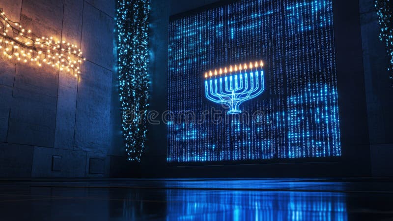 A Digital Menorah Displayed on a Blue Screen with Symbolic Lights Stock ...