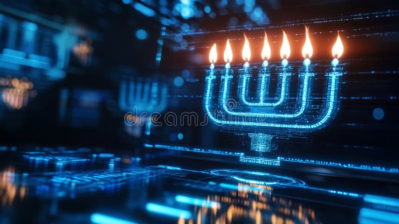 Digital Menorah with Glowing Flames on a Technological Background Stock ...