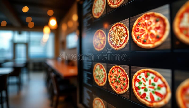 Digital Menu Board in Restaurant Shows Various Pizzas with Toppings ...