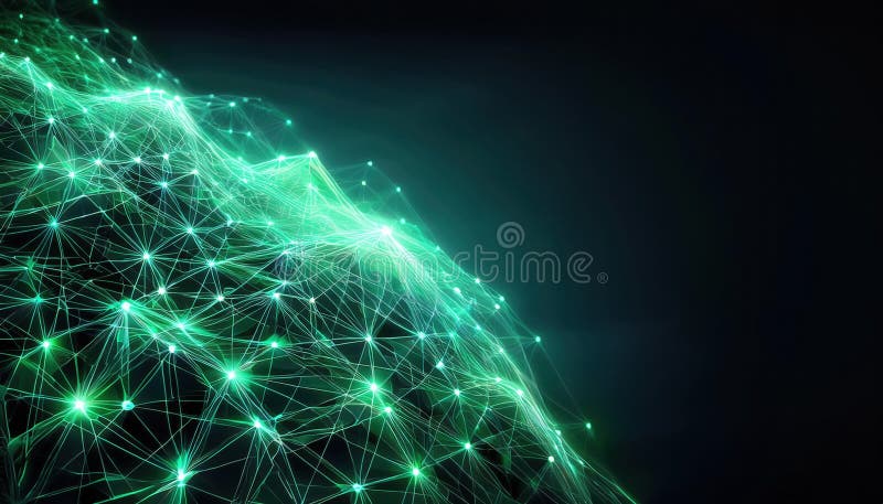 Digital Mesh Structure with Glowing Green Lines and Dots on Dark ...