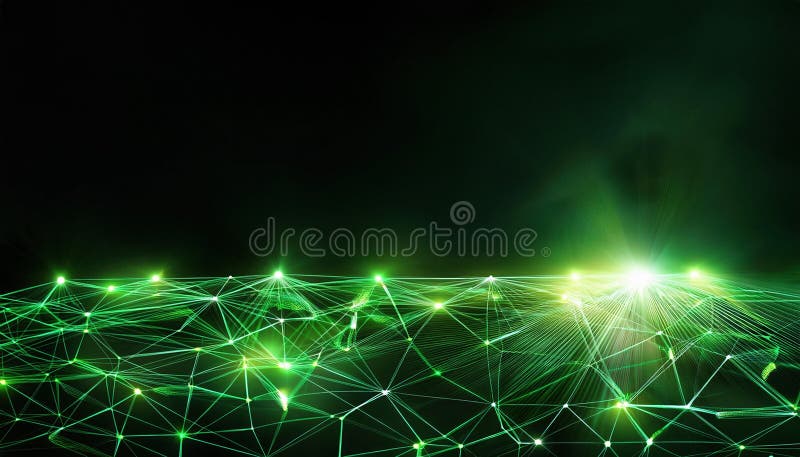 Digital Mesh Structure with Glowing Green Lines and Dots on Dark ...