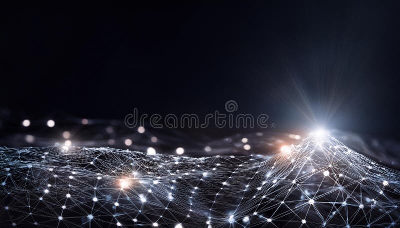 Digital Mesh Structure with Glowing Lines and Dots on Dark Background ...