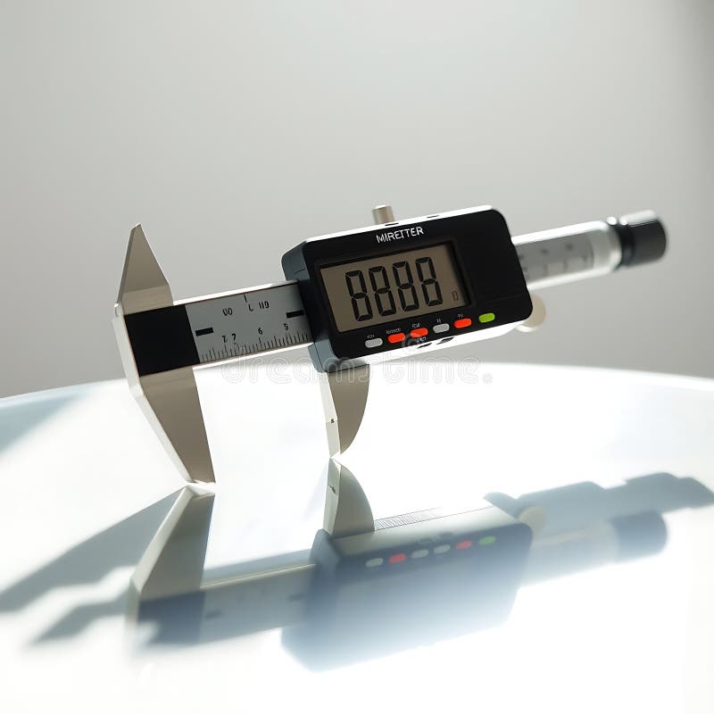 A Digital Micrometer on a Clear Acrylic Surface with Reflections ...