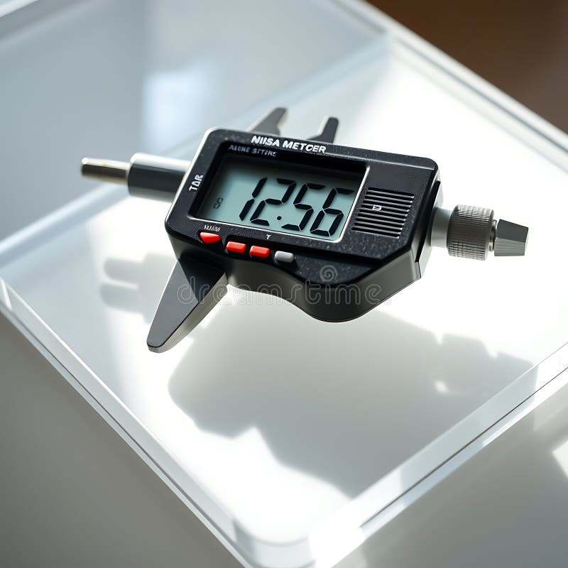 A Digital Micrometer on a Clear Acrylic Surface with Reflections ...