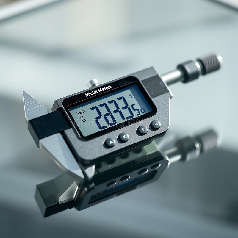 A Digital Micrometer on a Clear Acrylic Surface with Reflections ...
