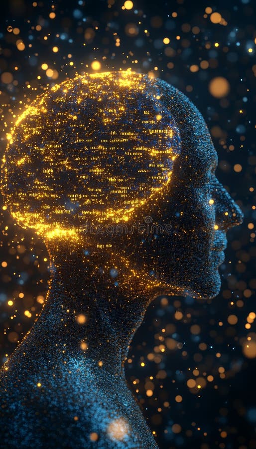 Digital Mind. Abstract Glowing Brain, Fragments of Light, Dark ...