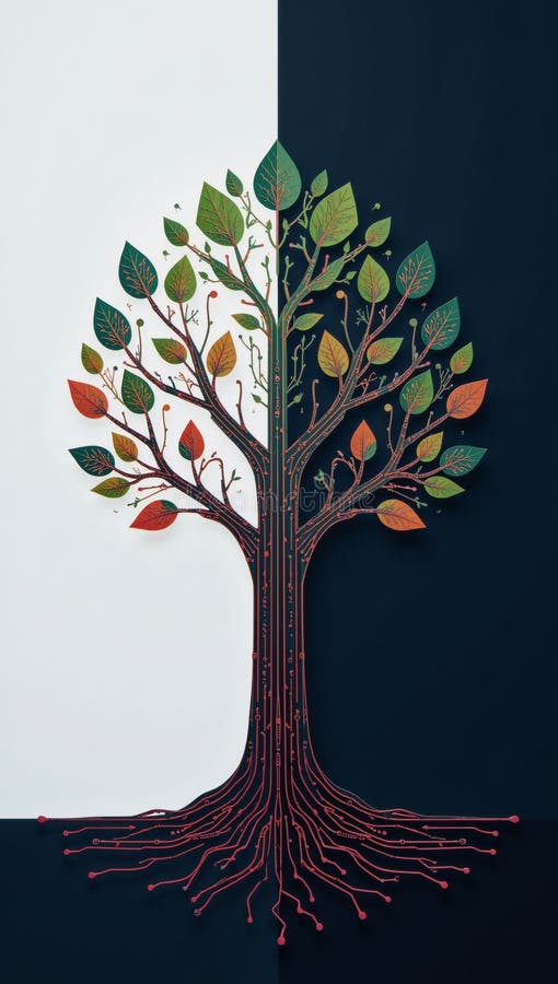 Digital Minimalist Abstract Design Featuring a Tree Composed of Circuit ...