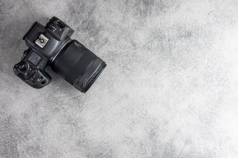 Digital Mirrorless Camera on Gray Table Stock Photo - Image of black ...