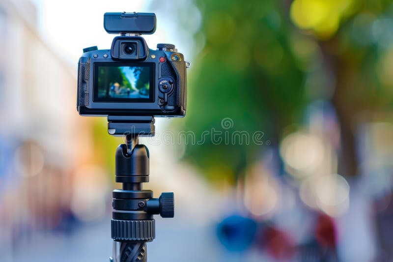 Digital Mirrorless Camera on Tripod Capturing Street Photography Stock ...