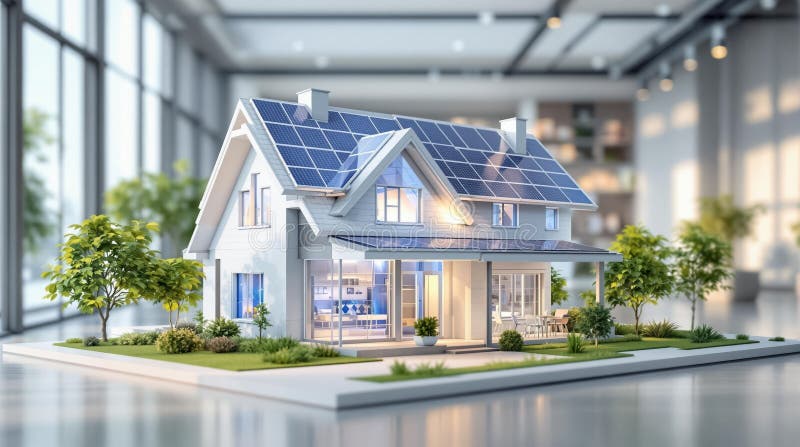 A Digital Model of a House Featuring Solar Panels Stock Illustration ...
