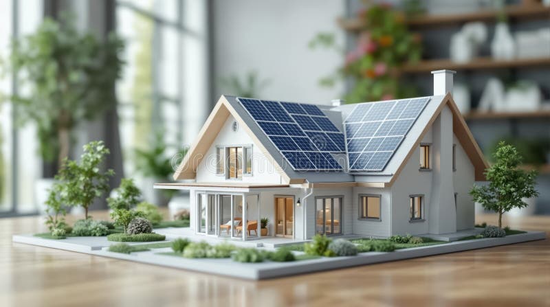 A Digital Model of a House Featuring Solar Panels Stock Illustration ...