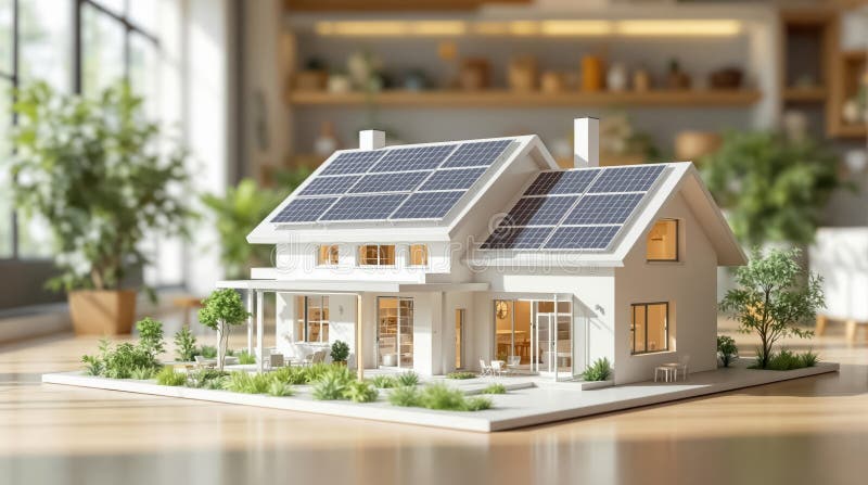 A Digital Model of a House Featuring Solar Panels Stock Illustration ...