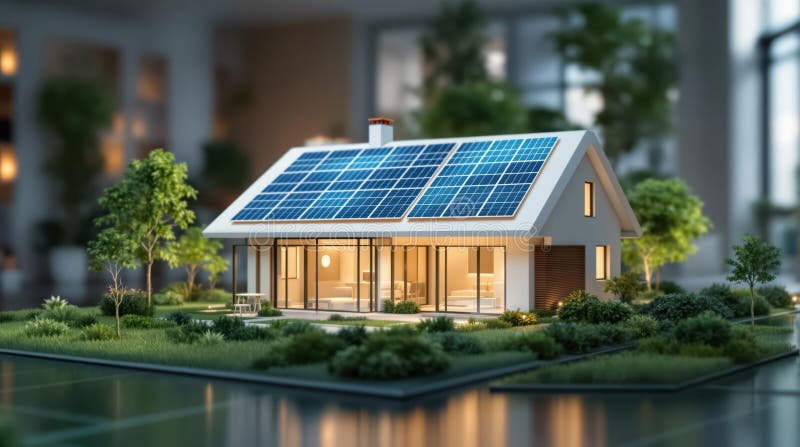 A Digital Model of a House Featuring Solar Panels Stock Illustration ...