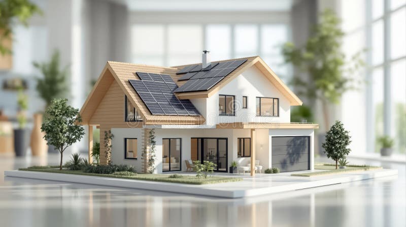 A Digital Model of a House Featuring Solar Panels Stock Illustration ...