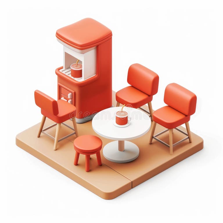 Cozy 3D Rendered Coffee Shop Corner with Orange Chairs and Table Stock ...