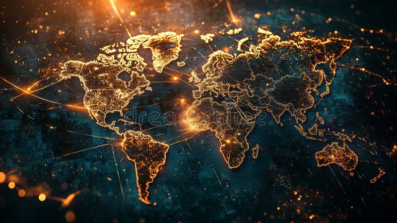 Digital, Modern, Bright and Shimmering World Map on a Dark Background ...