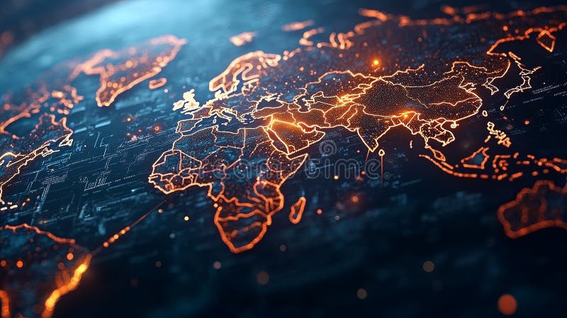 Digital, Modern, Bright and Shimmering World Map on a Dark Background ...